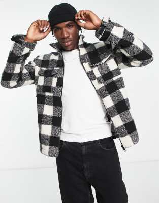 Brave Soul Check Borg Jacket In Black And White | ModeSens