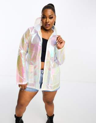 Brave Soul Plus festival hooded rain mac in iridescent white | ASOS