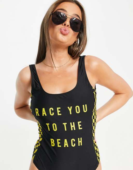 Brave Soul race you to the beach swimsuit in black and yellow | ASOS