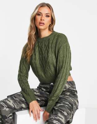 Brave Soul tally cropped cable knit sweater in khaki | ASOS
