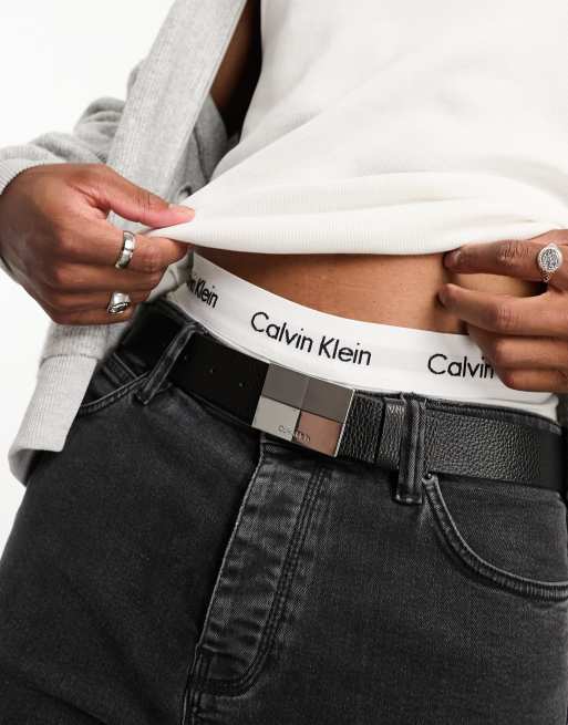 Calvin Klein CK metal diagonal belt in black | ASOS