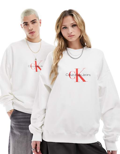 Calvin Klein Jeans - Archival - Felpa girocollo bianca con monogramma ... Calvin Klein Jeans - Archival - Felpa girocollo bianca con monogramma ...