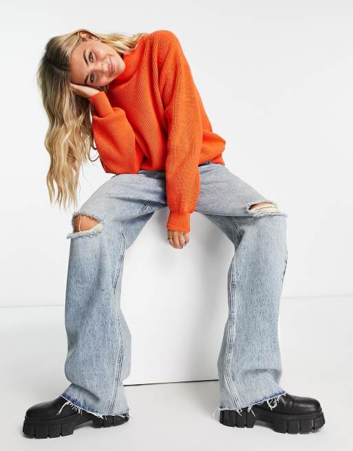 Calvin Klein Jeans chunky roll neck jumper in coral orange