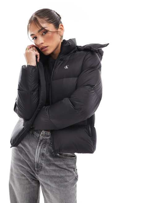 Calvin Klein Jeans Hooded Down Puffer Jacket in Ck Black | ASOS