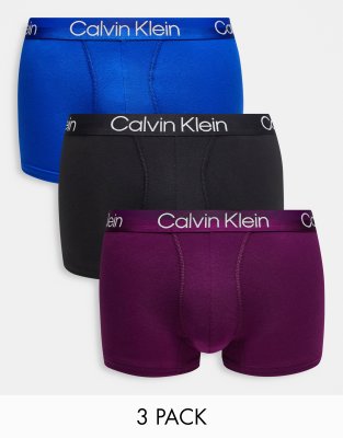 Calvin Klein modern structure 3 pack cotton trunks in black purple ...