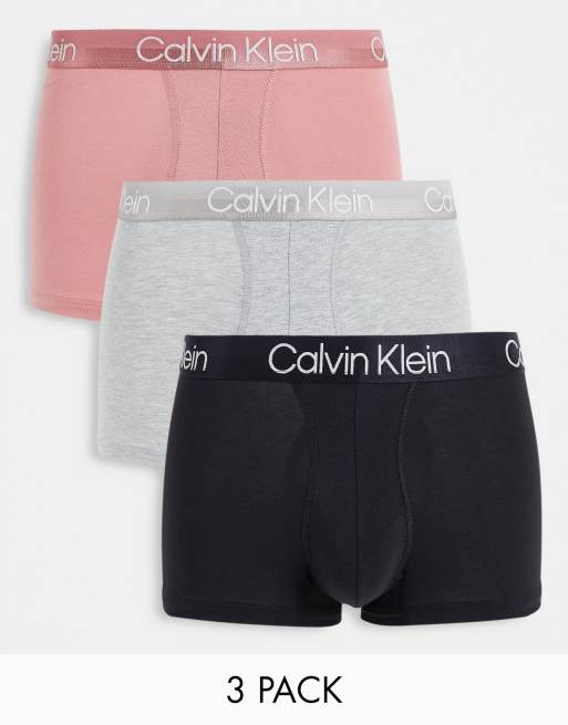 Calvin Klein modern structure 3 pack cotton trunks in pink/grey/black ...