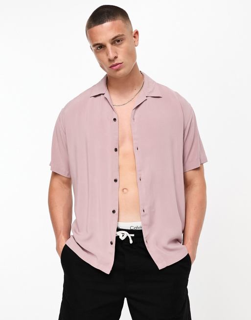 Camisa rosa negruzco de manga corta con cuello de solapas de viscosa de ...