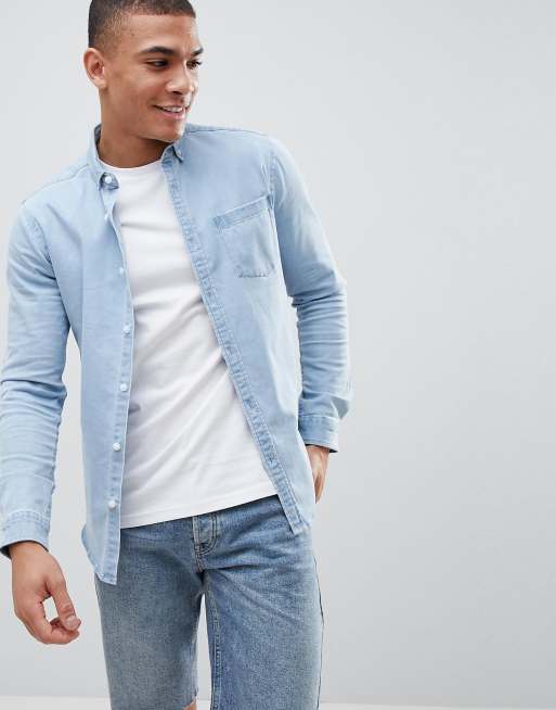 Camisa Vaquera De Corte Slim Elástico Con Lavado Descolorido De Asos