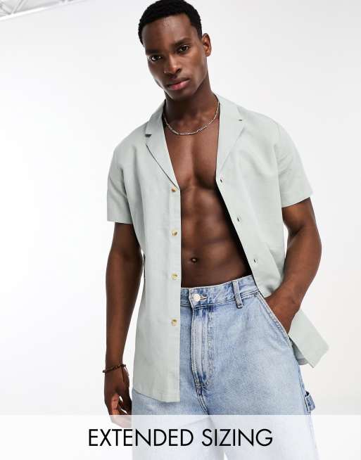 Camisa Verde Salvia De Corte Estándar Con Cuello De Solapas De Mezcla
