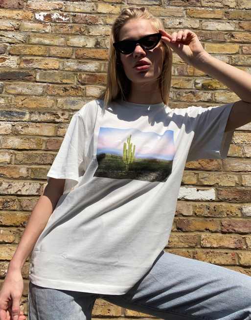 Camiseta Blanco Hueso Extragrande Con Estampado De Palmera De Algodón