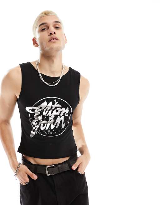 Camiseta negra sin mangas con estampado con licencia de Elton John de ...