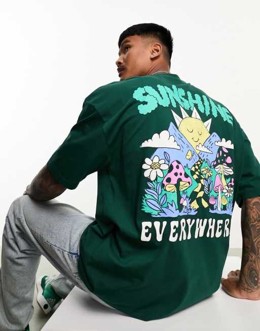Camiseta Verde Oscuro Extragrande Con Estampado De Dibujos Y Texto