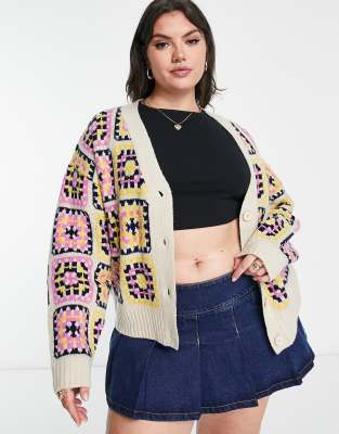 Cárdigan holgado con patrón retro de croché de Neon Rose Plus | ASOS