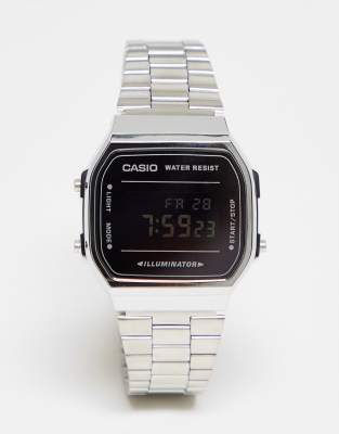 Casio A168W digital bracelet watch in silver/black mirror | ASOS