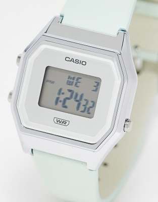 Casio LA680 turquoise leather band watch in silver | ASOS