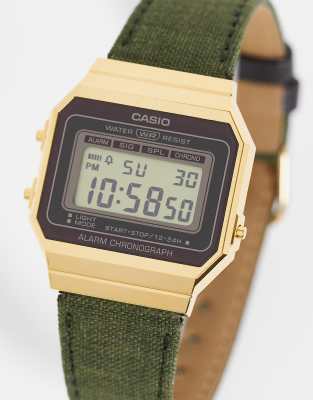 Casio unisex vintage square face watch with cloth band in dark green | ASOS