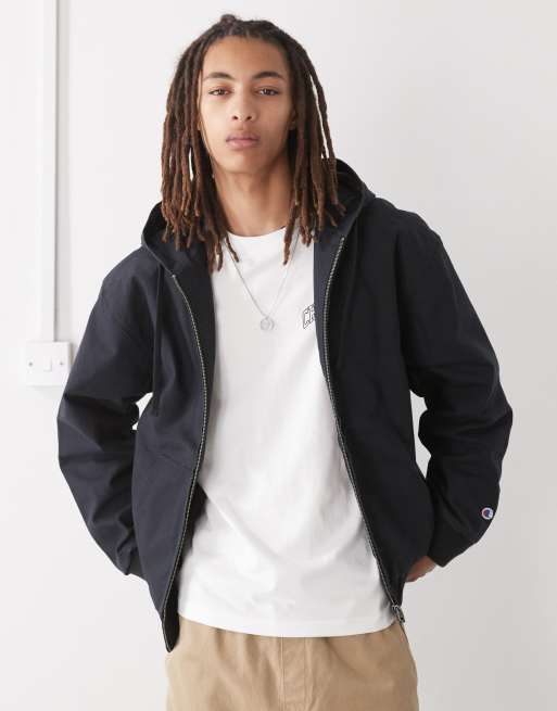 Champion zip-up woven hooded jacket in black | ASOS