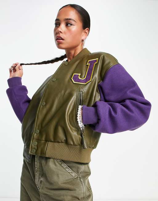 Chaqueta Bomber Caqui Y Morada Extragrande De Estilo Universitario De