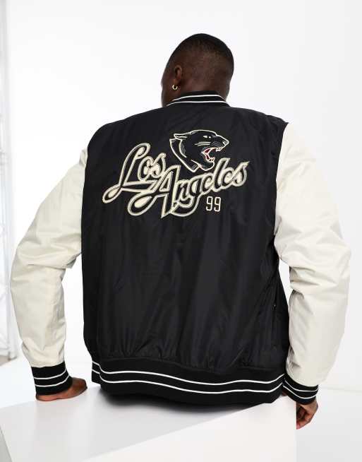 Chaqueta Bomber Negra Y Color Crema De Estilo Universitario Con