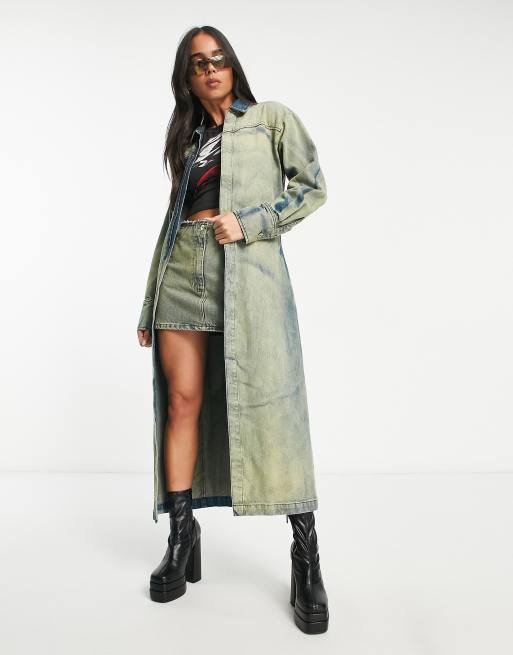 Chaqueta Vaquera Larga Azul Con Lavado Amarillo Estilo Años 2000 De