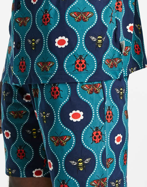 Chelsea Peers button short pyjama set in navy bug print | ASOS
