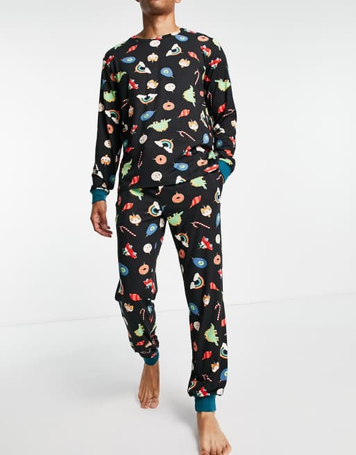 Chelsea Peers Christmas lounge set in black ornament print | ASOS