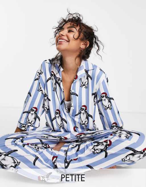Chelsea Peers Petite christmas penguin satin stripe pyjamas in pale ...