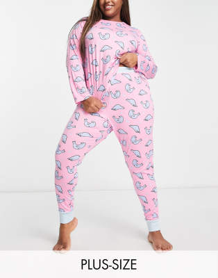 Chelsea Peers Plus long sleeve and cuff pants pajama set in light pink ...