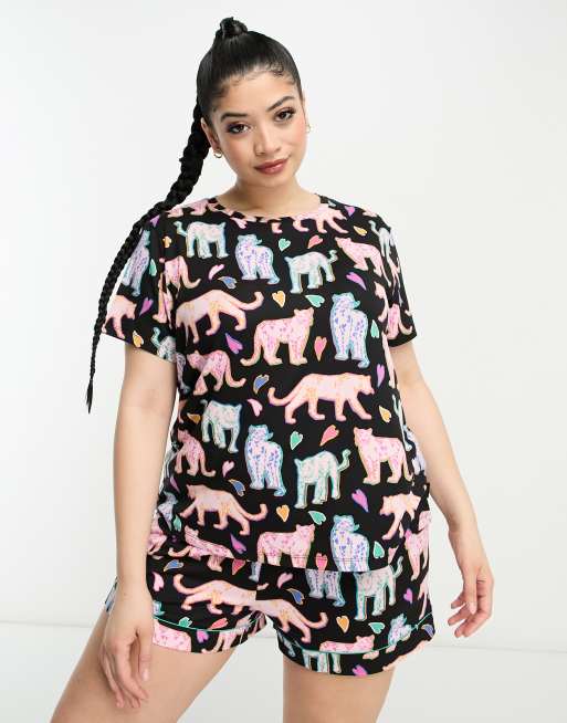Chelsea Peers Plus Love Leopard Short Pajama Set In Black Asos