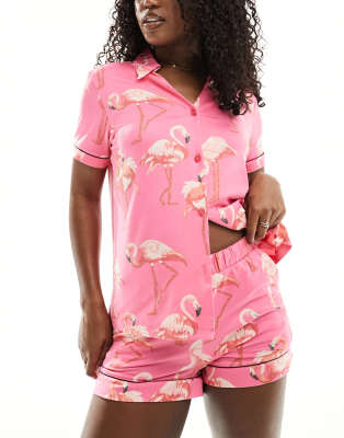 Chelsea Peers poly jersey short sleeve and short set in flamingo print ...