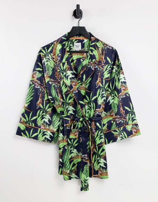 Chelsea Peers premium satin robe in navy jungle print | ASOS