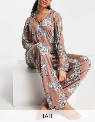 Chelsea Peers Tall - Pigiama marrone in jersey con stampa di leopardi ...