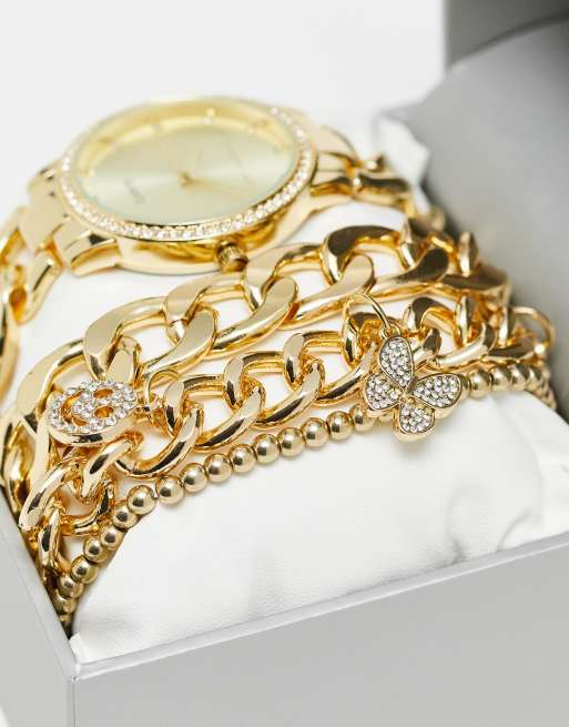 Christin Lars chain strap watch and bracelet gift set in gold | ASOS