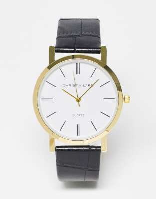 Christin Lars croc effect strap watch in black | ASOS