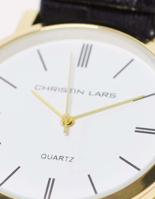 Christin Lars croc effect strap watch in black | ASOS