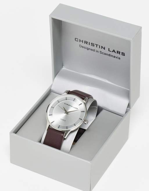 Christin Lars leather strap watch in brown and silver | ASOS