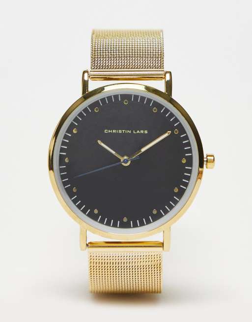 Christin Lars mesh strap watch in gold with black dial | ASOS