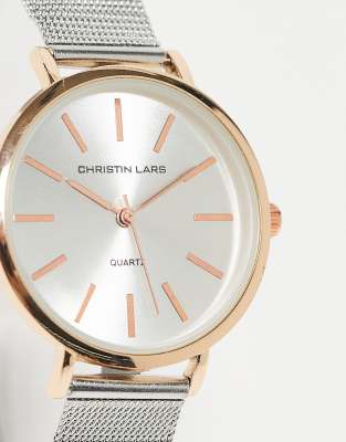 Christin Lars mesh strap watch in silver and rose gold | ASOS