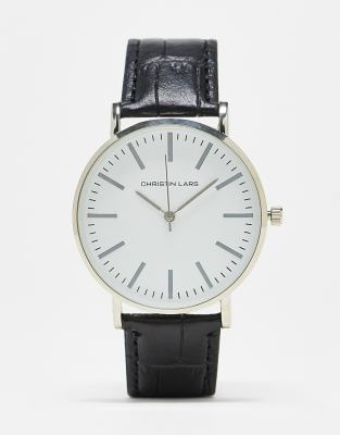 Christin Lars Mock Croc Strap Watch In Black And Silver | ModeSens