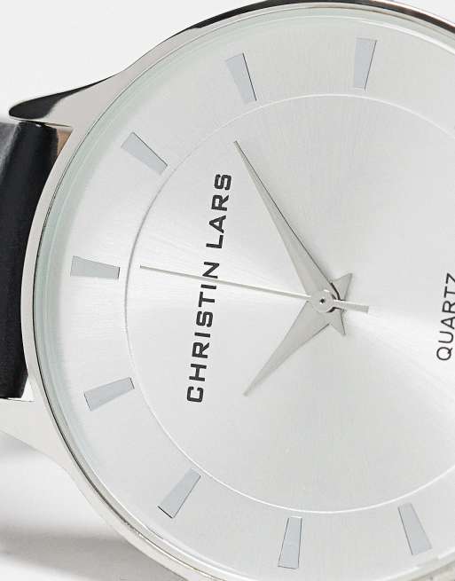 Christin Lars slim strap watch in black with silver dial | ASOS
