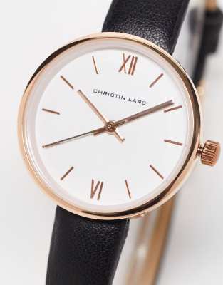 Christin Lars slimline faux leather strap watch in black | ASOS