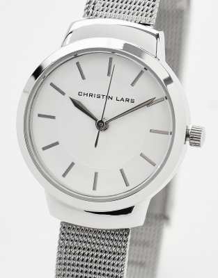 Christin Lars slimline faux leather strap watch in silver | ASOS