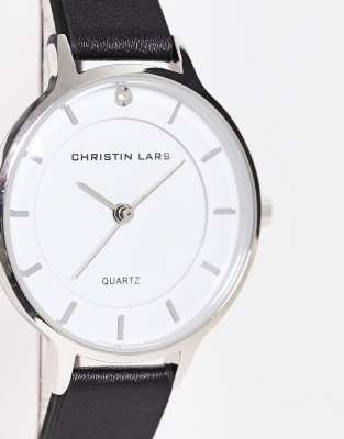 Christin Lars slimline leather strap watch in black with white dial | ASOS