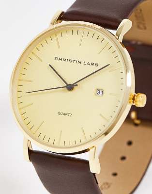 Christin Lars slimline strap watch with gold face in tan | ASOS