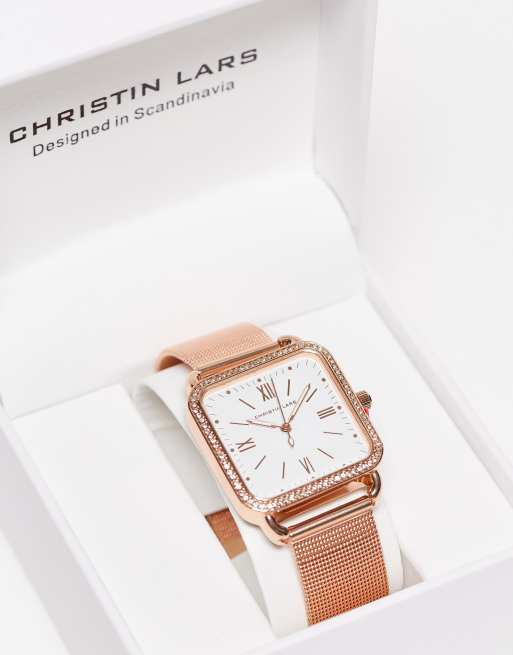 Christin Lars square face watch with mesh strap in rose gold | ASOS