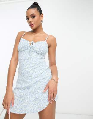 Collective the Label Petite ruched bust mini dress in blue floral | ASOS