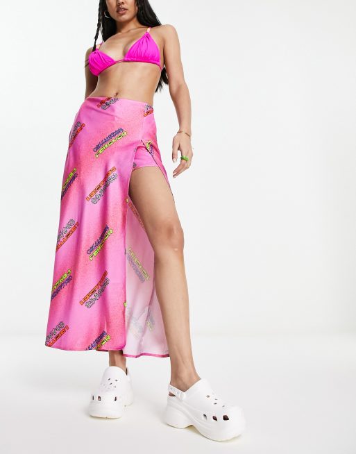 Collusion Gonna Pantalone Midi Rosa Con Spacco E Motivo Stampato Del