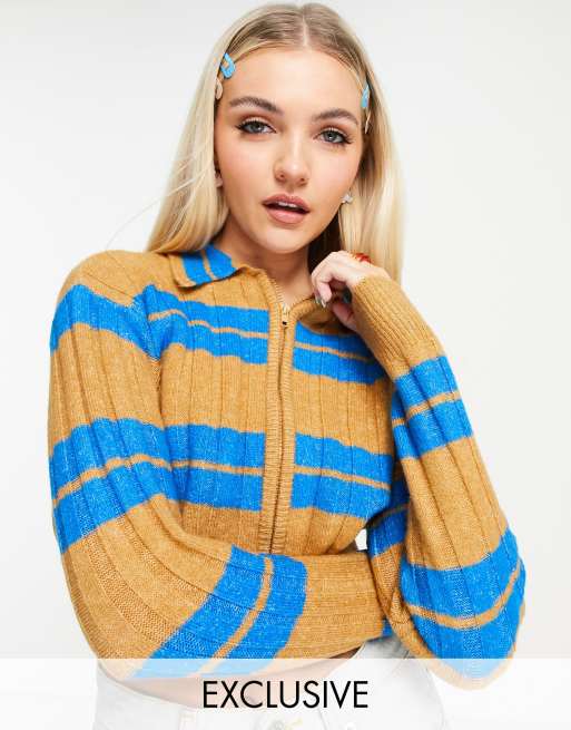 Collusion Knitted Zip Through Cardigan In Multi Striped Print Asos