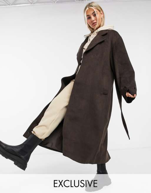 COLLUSION longline brushed faux wool coat in brown | ASOS