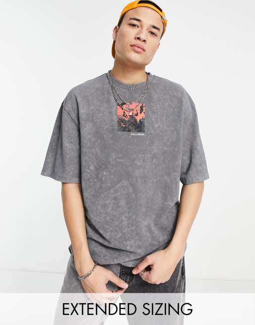 Collusion Oversized T Shirt With Print In Charcoal Acid Wash Pique Asos
